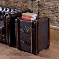 China Nidea #8507 Classic Vintage Handmade Leather Trunk Cabinet Portable Storage Bedside Table with 2 Drawers for Living Room Furniture for sale