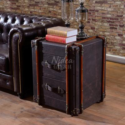 China Nidea #8507 Classic Vintage Handmade Leather Trunk Cabinet Portable Storage Bedside Table with 2 Drawers for Living Room Furniture for sale