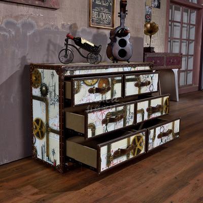 China Nidea #8517 Vintage Antique Rustic Luxury Classic Chest Cabinet with Hand-Painted Design Patterns, 6-Drawer Living Room Cabinet for sale