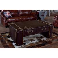 China Nidea #8620 Luxury Vintage Trunk Coffee Table Genuine Leather Antique Industrial Design Living Room Furniture Storage Handmade Durable for sale