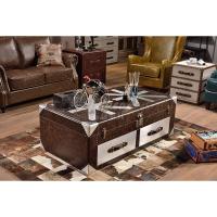 China Nidea #8627 Vintage Industrial Coffee Table Double Drawers Aluminum Rivet Union Jack Crackle Leather Cabinet-Style Wooden Base Hotel Loft for sale