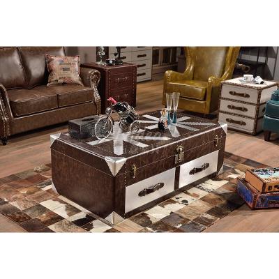China Nidea #8627 Vintage Industrial Coffee Table Double Drawers Aluminum Rivet Union Jack Crackle Leather Cabinet-Style Wooden Base Hotel Loft for sale