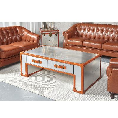 China Nidea #320 Retro Leather-Trimmed Aluminum Suitcase Cabinet Customizable Multifunctional Coffee Table with 2 Drawers Industrial Decor for sale