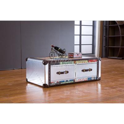 China Nidea #8657 Industrial Style Aluminum License Plate Vintage Handmade Durable Coffee Table Cabinet 2 Drawers for Whisky for sale