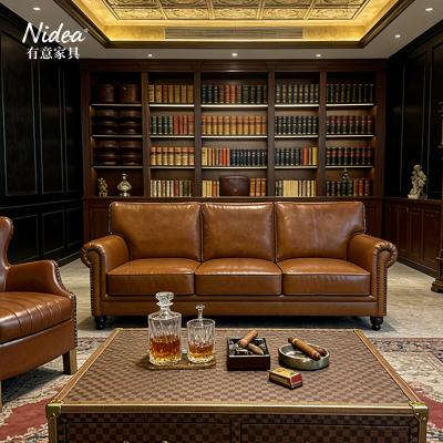 China American Classic Barton 3 Seater Sofa Set Dark Brown Genuine Leather with Sponge Filling and Rolled Arms for Office Living Room for sale