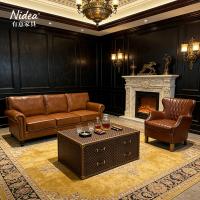 China American Classic Barton 3 Seater Sofa Set Dark Brown Genuine Leather with Sponge Filling and Rolled Arms for Office Living Room for sale