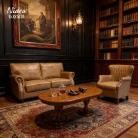 China Wholesale Classic Vintage Rolled Arm 3 Seater Sofa Set Living Room Barton Sofa Genuine Leather Sponge Couch Nailhead Trim for sale