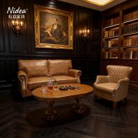 China Wholesale Classic Vintage Rolled Arm 3 Seater Sofa Set Living Room Barton Sofa Genuine Leather Sponge Couch Nailhead Trim for sale
