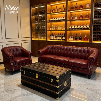 China Classic Brown Leather Chesterfield 1 2 3 Seater Sofa Luxury Tufted Couch with Rolled Arms and Nailhead Trim for Living Room for sale