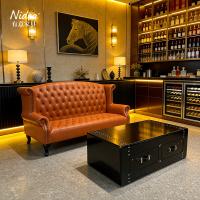 China Luxury Vibrant Orange Leather Chesterfield Wingback 3 Seater Sofa All-over Tufted Sponge-Filled Set for Modern Boutique Hotel for sale