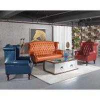China Luxury Vibrant Orange Leather Chesterfield Wingback 3 Seater Sofa All-over Tufted Sponge-Filled Set for Modern Boutique Hotel for sale