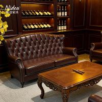 China Luxury Chesterfield Wingback 3 Seater Sofa Antique Burgundy Leather Tufted Loveseat Set Sponge Filled Casters for Office Lobby for sale