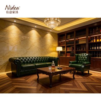 China Classic Vintage Chesterfield 3 Seater Sofa Set Luxury Dark Brown Leather Sponge Cushions Brass Nailhead Trim for Living Room Bar for sale