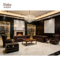 China Classic Vintage Chesterfield 3 Seater Sofa Set Luxury Dark Brown Leather Sponge Cushions Brass Nailhead Trim for Living Room Bar for sale