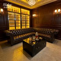 China Luxury Classic Chesterfield L-Shape Sectional Sofa Dark Brown Genuine Leather Tufted Corner Couch for Living Room & Hotel Lobby for sale