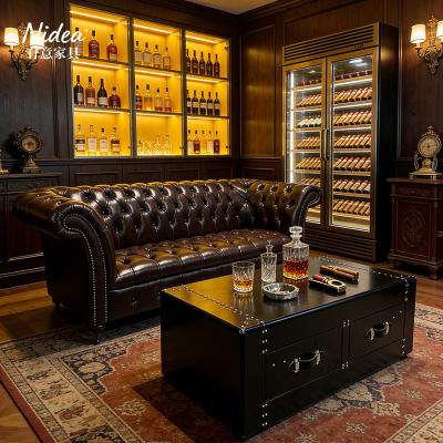 China Luxury Full Tufted Leather Chesterfield Sofa Classic 3 Seater with Brass Casters & Nailhead Trim Living Room Club Bar for sale