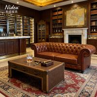 China Luxury Wine Red Genuine Leather Chesterfield Sofa Classic Tufted Rolled Arm 3 Seater Antique Luxury Sponge for Lving Room Culb for sale