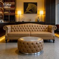 China Luxury Vintage Tan Genuine Leather Chesterfield Sofa Arched Camel Back 3 Seater Tufting Nailhead Trim Sponge Filled Hotel Use for sale