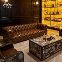 China Modern Luxury Orange Leather Chesterfield Sofa Full Tufted Low Profile 3 Seater Hotel Upholstered for Creative Culb Bar for sale