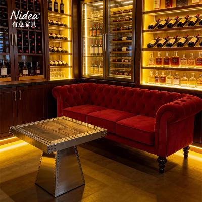 China Luxury Royal Wine Red Velvet Midcentury Chesterfield Sofa Three Seat Tufted Upholstered Fabric for Living Room Hotel Furniture for sale