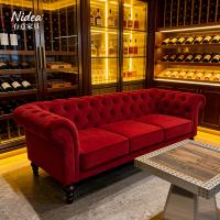 China Luxury Royal Wine Red Velvet Midcentury Chesterfield Sofa Three Seat Tufted Upholstered Fabric for Living Room Hotel Furniture for sale