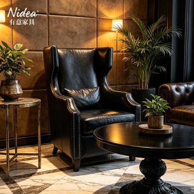 China Nidea Modern American Classic Black Leather Wingback Chair High Back Accent Armchair Ergonomic Design Nailhead Trim Wood Legs for sale