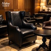 China Nidea Modern American Classic Black Leather Wingback Chair High Back Accent Armchair Ergonomic Design Nailhead Trim Wood Legs for sale