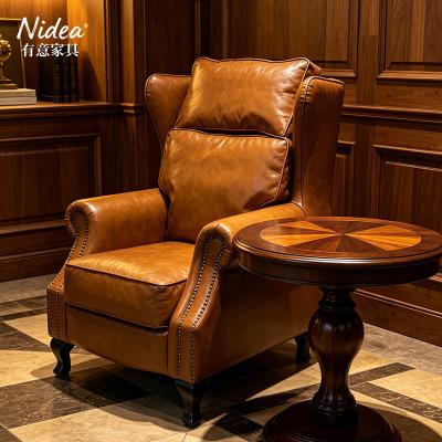 China Classic Vintage Handmade Genuine Leather Wingback Chair Single Seater Armchair Rolled Arms Nailhead Trim for Living Room Villa for sale