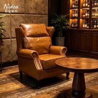 China Classic Vintage Handmade Genuine Leather Wingback Chair Single Seater Armchair Rolled Arms Nailhead Trim for Living Room Villa for sale