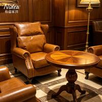 China Classic Vintage Handmade Genuine Leather Wingback Chair Single Seater Armchair Rolled Arms Nailhead Trim for Living Room Villa for sale