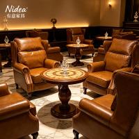 China Classic Vintage Handmade Genuine Leather Wingback Chair Single Seater Armchair Rolled Arms Nailhead Trim for Living Room Villa for sale