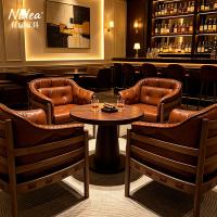China Mid-Century Modern Durable Solid Wood Leisure Lounge Chair with Tufted Genuine Leather Accent Armchair and Slatted Back for sale