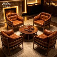 China Mid-Century Modern Durable Solid Wood Leisure Lounge Chair with Tufted Genuine Leather Accent Armchair and Slatted Back for sale