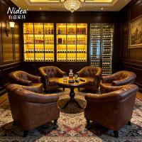China Classic Chesterfield Tub Chair Luxury Brown Leather Barrel Armchair with Nailhead Trim for Hotel & Cafe Lounge for sale