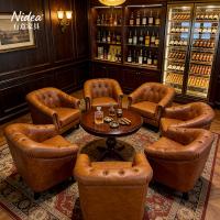 China Classic Chesterfield Tub Chair Luxury Brown Leather Barrel Armchair with Nailhead Trim for Hotel & Cafe Lounge for sale