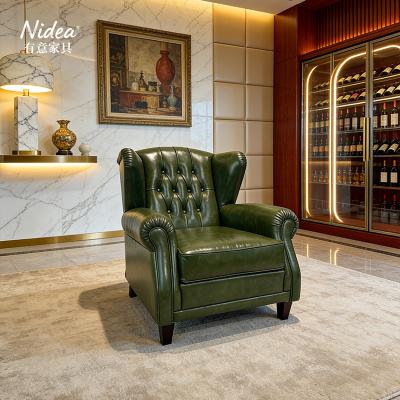 China Old Money Aesthetic Forest Green Genuine Leather Wingback Chair Luxury Tufted Chesterfield for Living Room & Club for sale