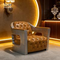 China Luxury Aviator Aluminum Armchair Modern Industrial Tufted Leather Lounge Chair with Hollow Side Design for Club Bar Living Room for sale