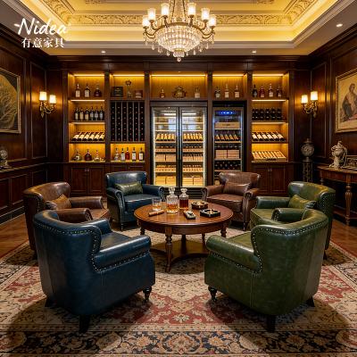 China Vintage Distressed Brown Leather Handmade Armchair Antique British Style Wingback Club Chair Metal Casters for Living Room Hotel for sale