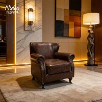 China Vintage Distressed Brown Leather Handmade Armchair Antique British Style Wingback Club Chair Metal Casters for Living Room Hotel for sale