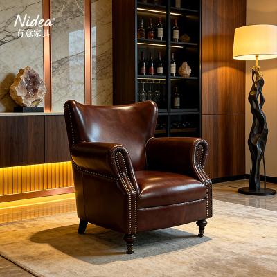China Luxury Handcrafted Cigar Lounge Chair Dark Brown Leather Accent Chair Retro High Back Reading Sofa for Gentleman Club Bar for sale