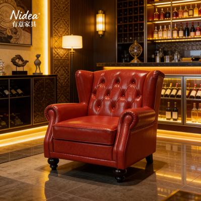 China Luxury Vibrant Red Leather Wingback Chair Classic Tufted Accent Armchair with Solid Wood Legs for Living Room & Hotel Club Bar for sale