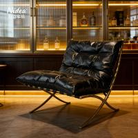 China Modern Midcentury Handmade Luxury Black Distressed Leather Lounge Chair with Antique Gold X-Frame for Living Room Club Bar for sale