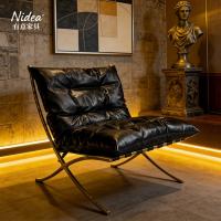 China Modern Midcentury Handmade Luxury Black Distressed Leather Lounge Chair with Antique Gold X-Frame for Living Room Club Bar for sale