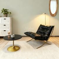 China Modern Midcentury Handmade Luxury Black Distressed Leather Lounge Chair with Antique Gold X-Frame for Living Room Club Bar for sale