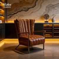 China Mid-Century Modern Genuine Leather Channel Tufted Leisure Chair with Wooden Armrests and Metal Legs for Bar Office & Hotel for sale