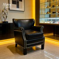 China Modern Black Leather Ergonomic Accent Chair Minimalist Single Armchair Design Silver Nailhead Trim Office Living Room Club Bar for sale