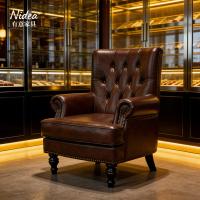 China Vintage Brown Leather Chesterfield High Back Chair Classic Tufted Single Armchair Nailhead Trim Living Room Club Bar for sale
