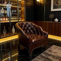 China Luxury Black Leather Chesterfield Tub Chair Classic Button Tufted Barrel Armchair Full Nailhead Trim Living Room Office for sale