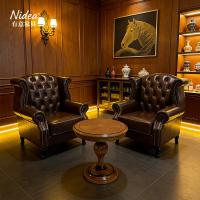 China Luxury Vintage Brown Leather Wingback Chesterfield Chair Classic Deep Button Tufted Armchair Nailhead Trim Living Room Office for sale