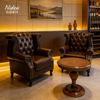 China Luxury Vintage Brown Leather Wingback Chesterfield Chair Classic Deep Button Tufted Armchair Nailhead Trim Living Room Office for sale
